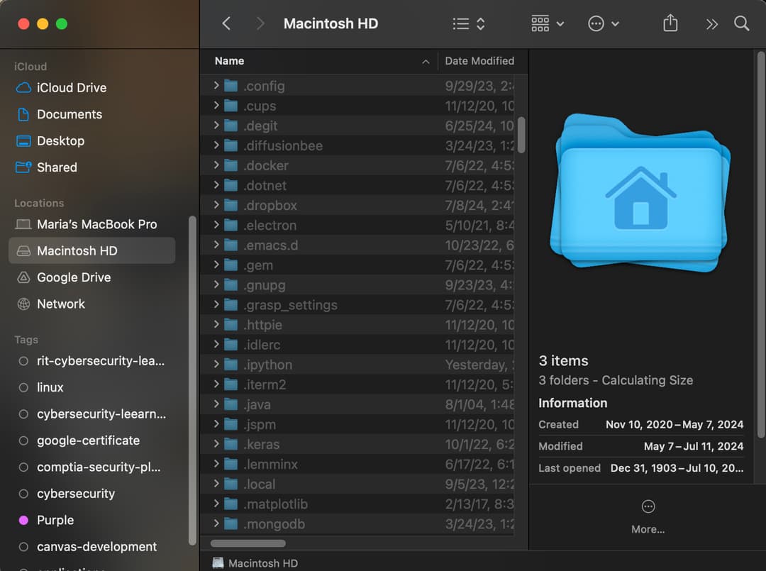 Revealing hidden files and folders in the Finder window